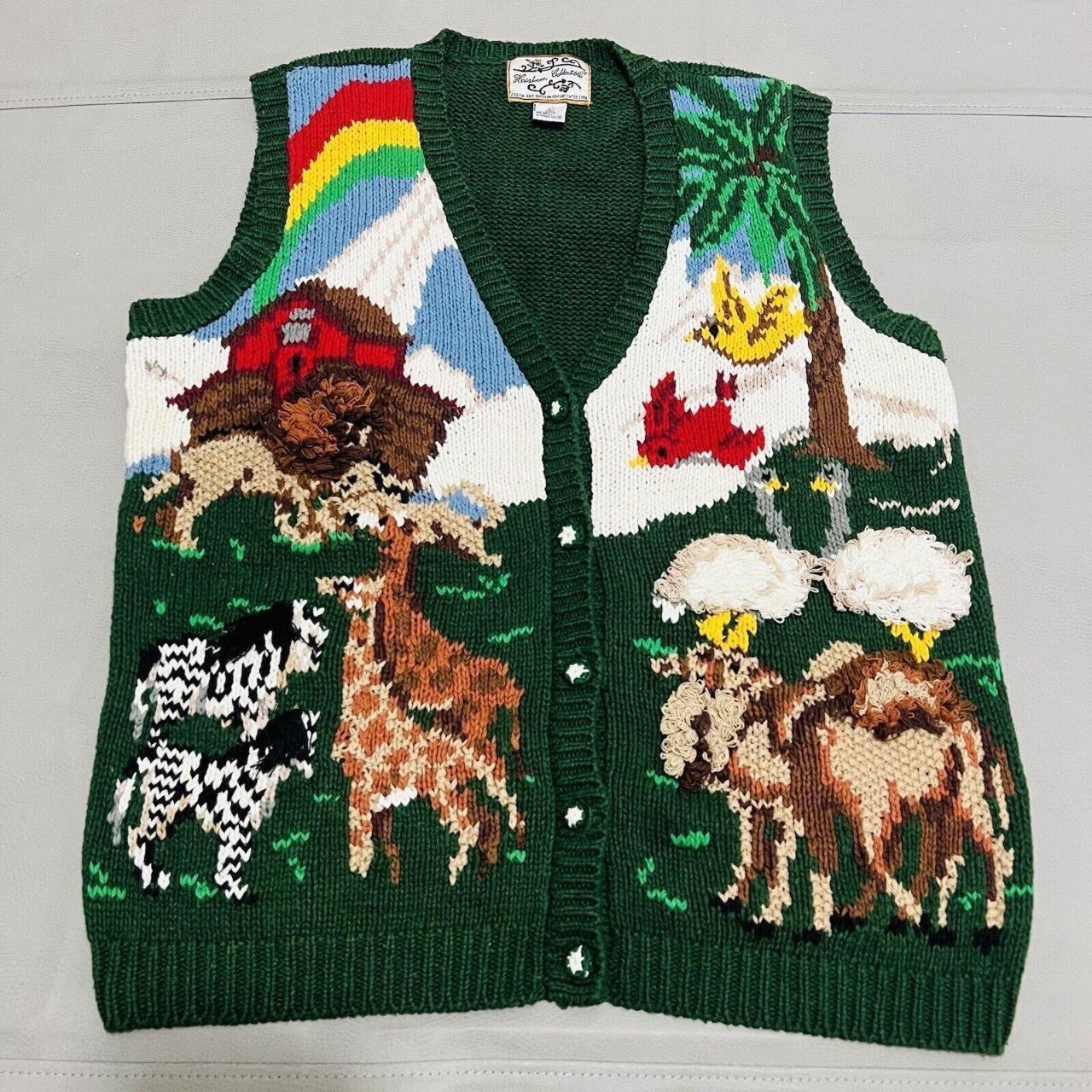 VTG 90s Zoo Animals Zebra Giraffe Moose Farm Knit... | Depop