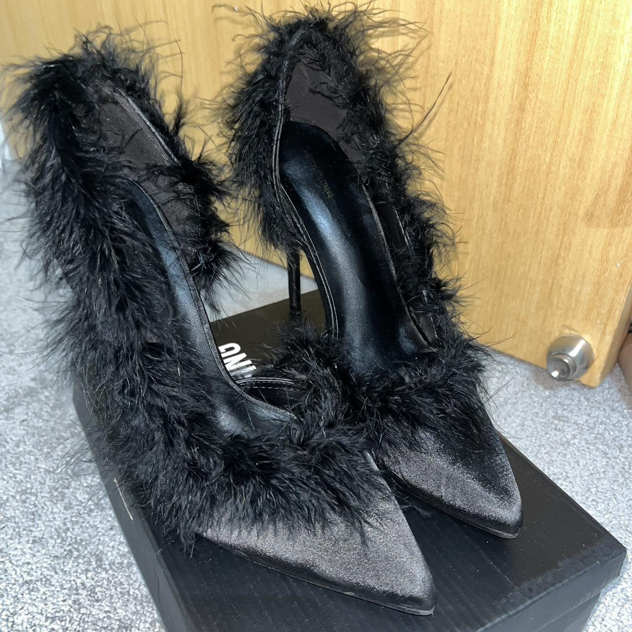 PrettyLittleThing satin feather trim court heels.... - Depop