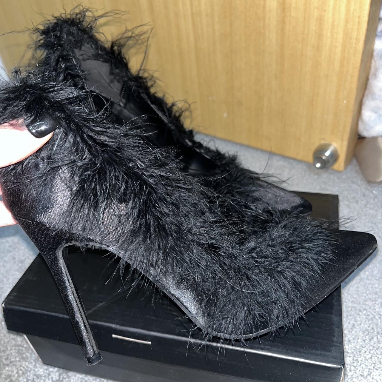 PrettyLittleThing satin feather trim court heels.... - Depop