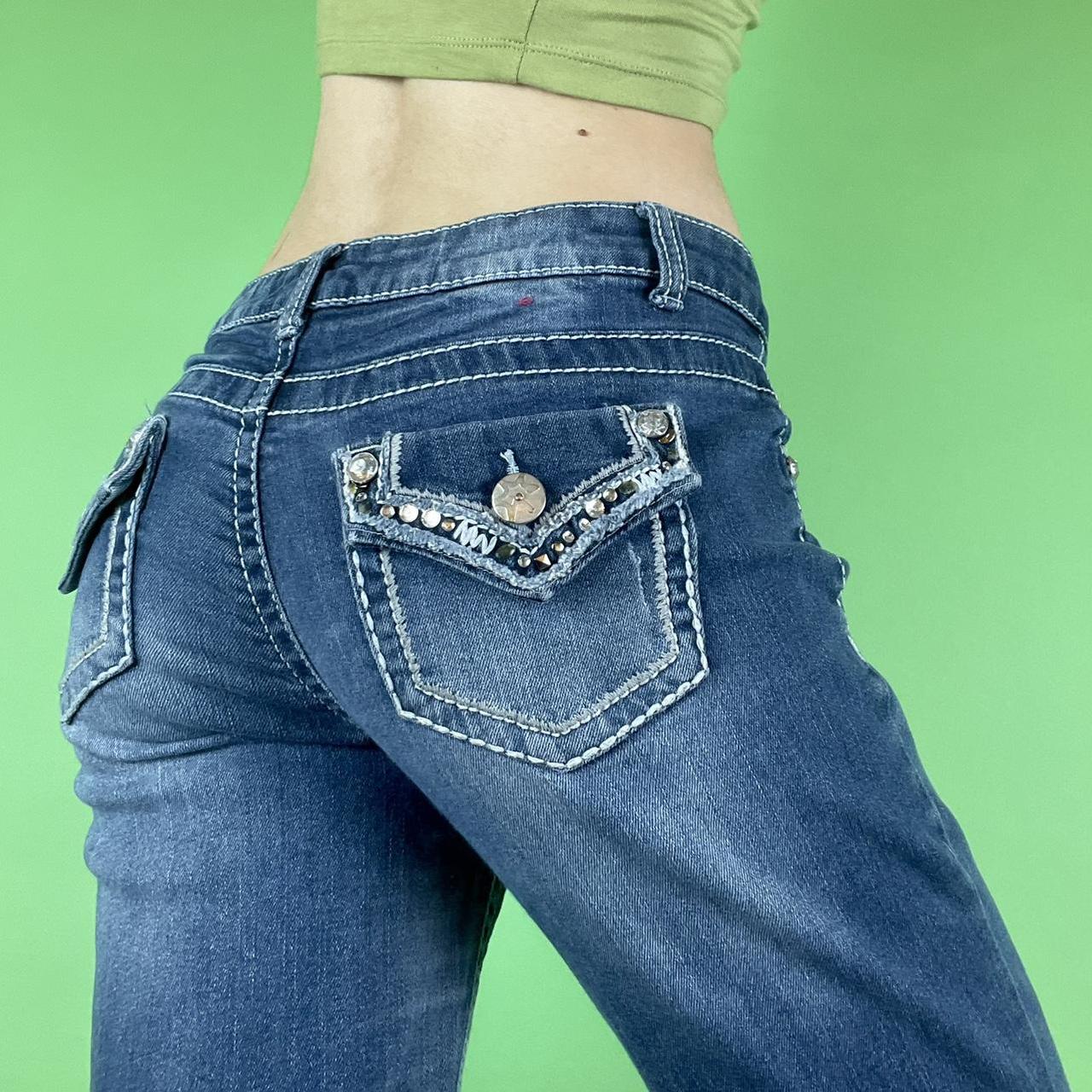 y2k faded medium wash bedazzled bootcut jeans by... - Depop