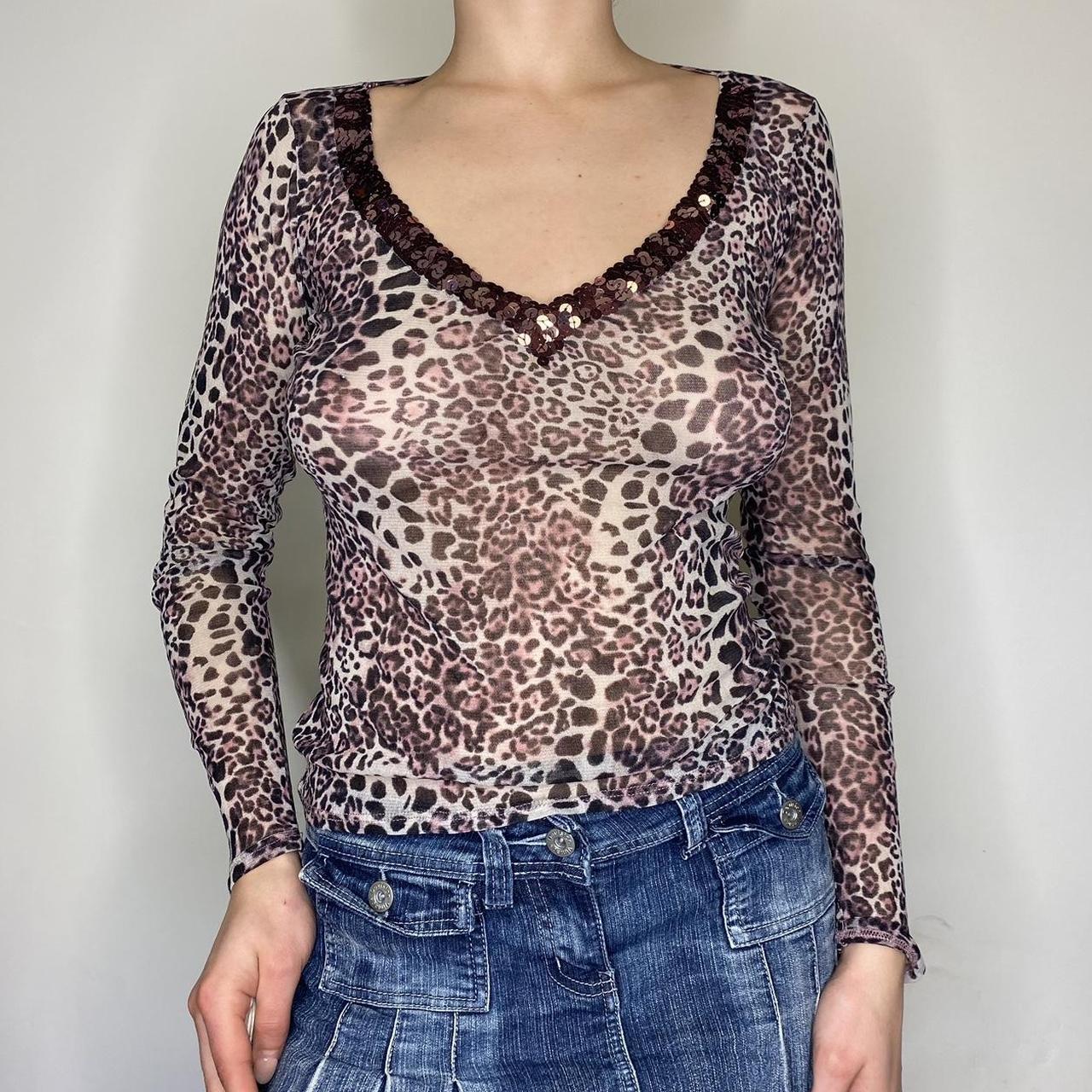 Sheer mesh leopard print long sleeve top with sequin... | Depop