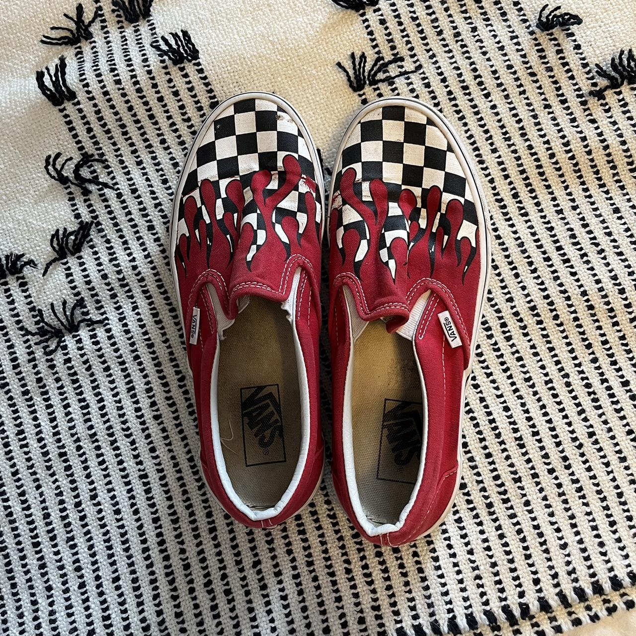 red flame checkered slip on vans signs of wear but... - Depop