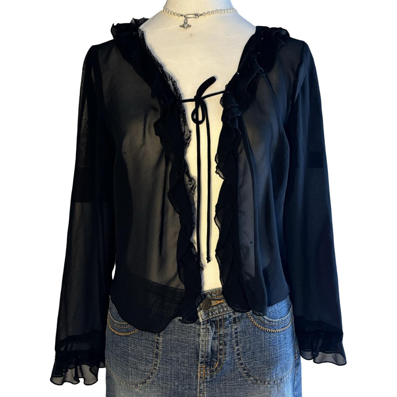 black sheer ruffle blouse size 8 tie in the front... - Depop