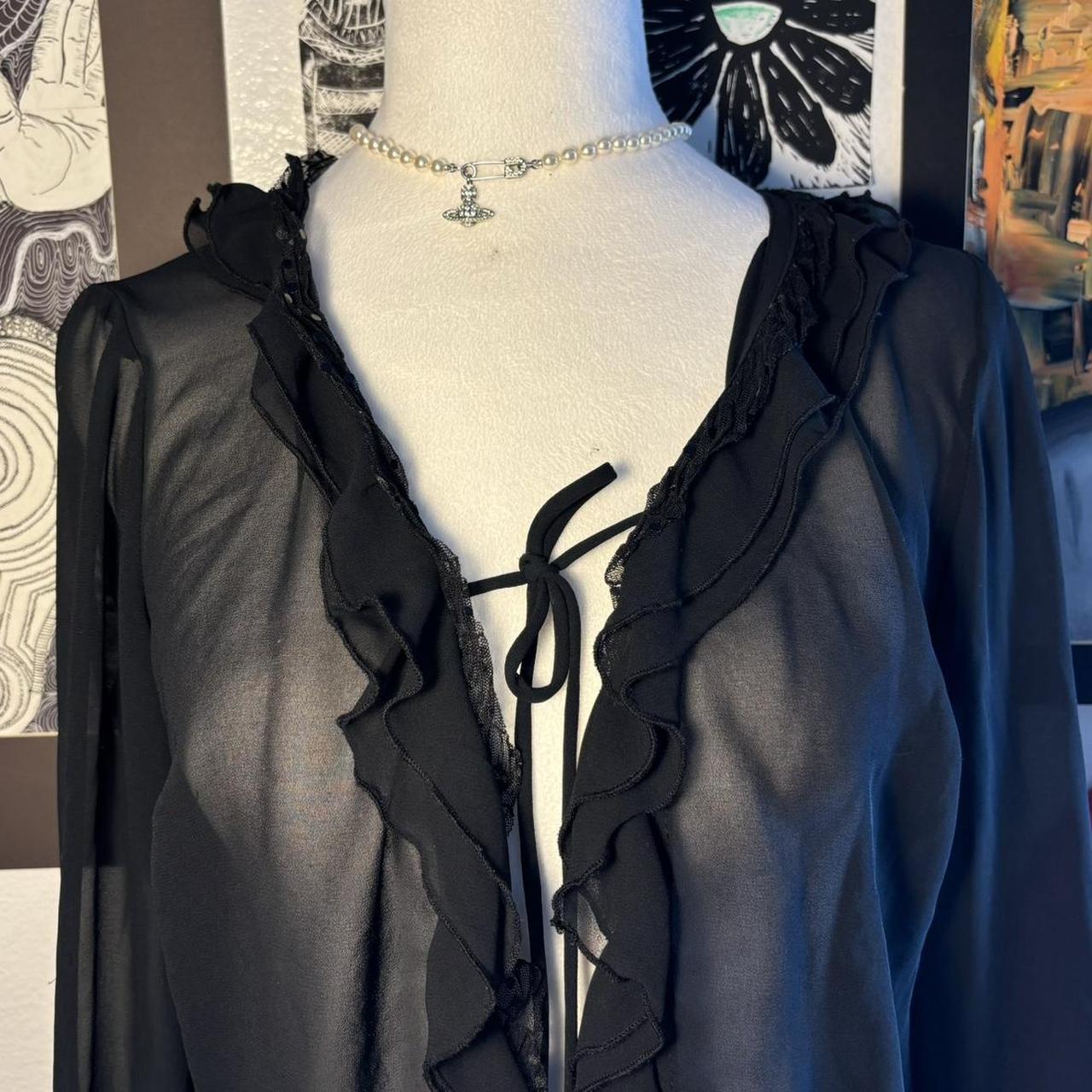 black sheer ruffle blouse size 8 tie in the front... - Depop