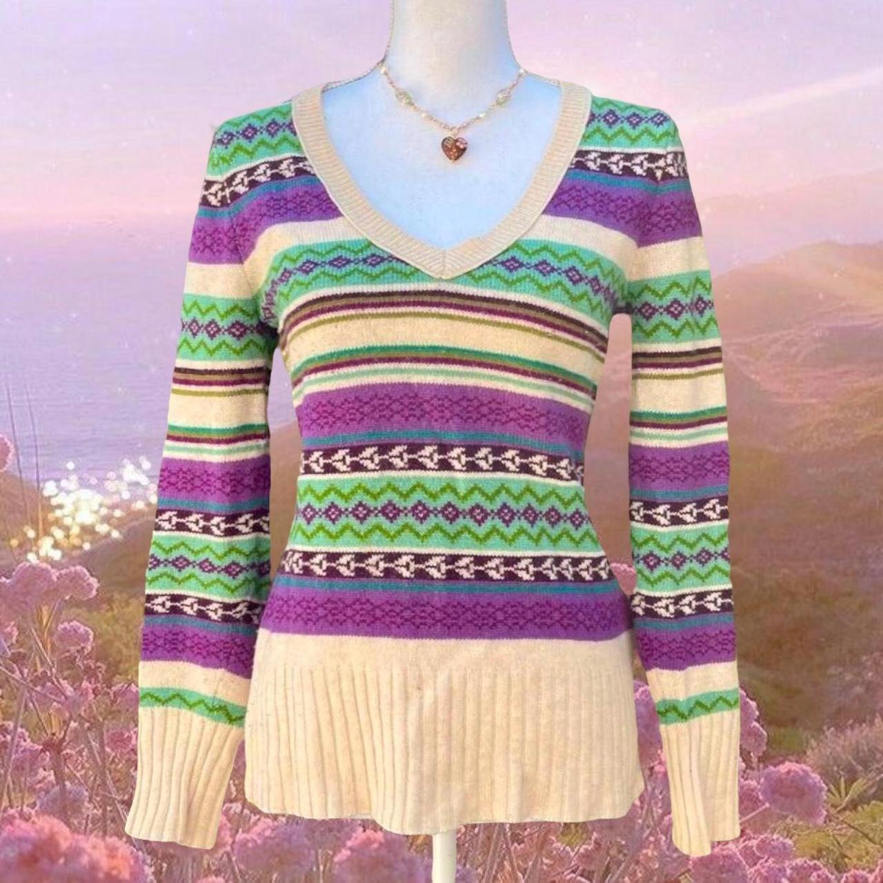 indie stripped sweater ☽༓･*˚⁺‧͙ turquoise sage green... - Depop