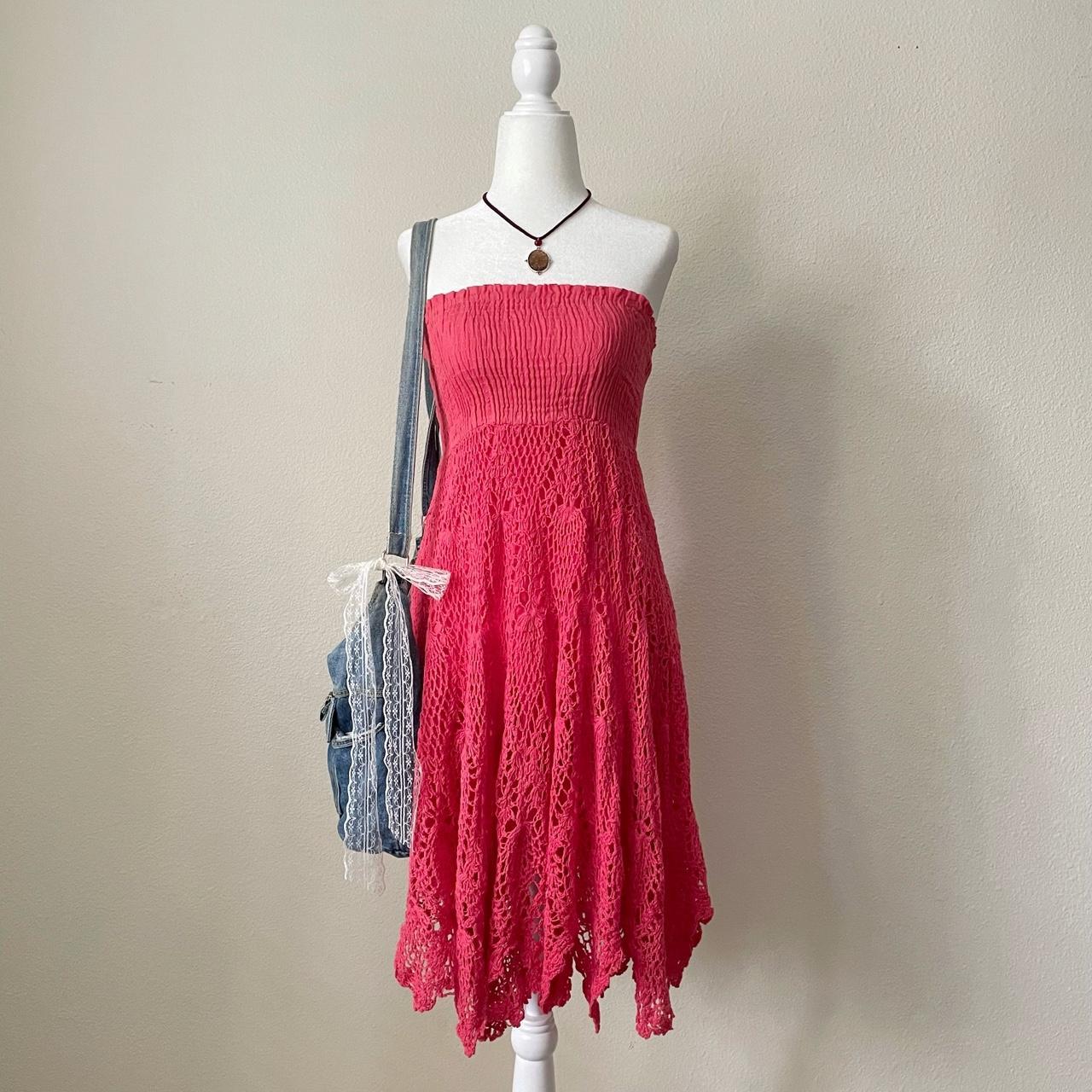 Boho girly grunge pink crochet babydoll mini dress... - Depop