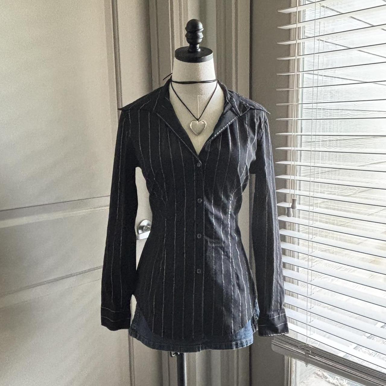 Office siren 90s Black and white pinstripe blouse... | Depop