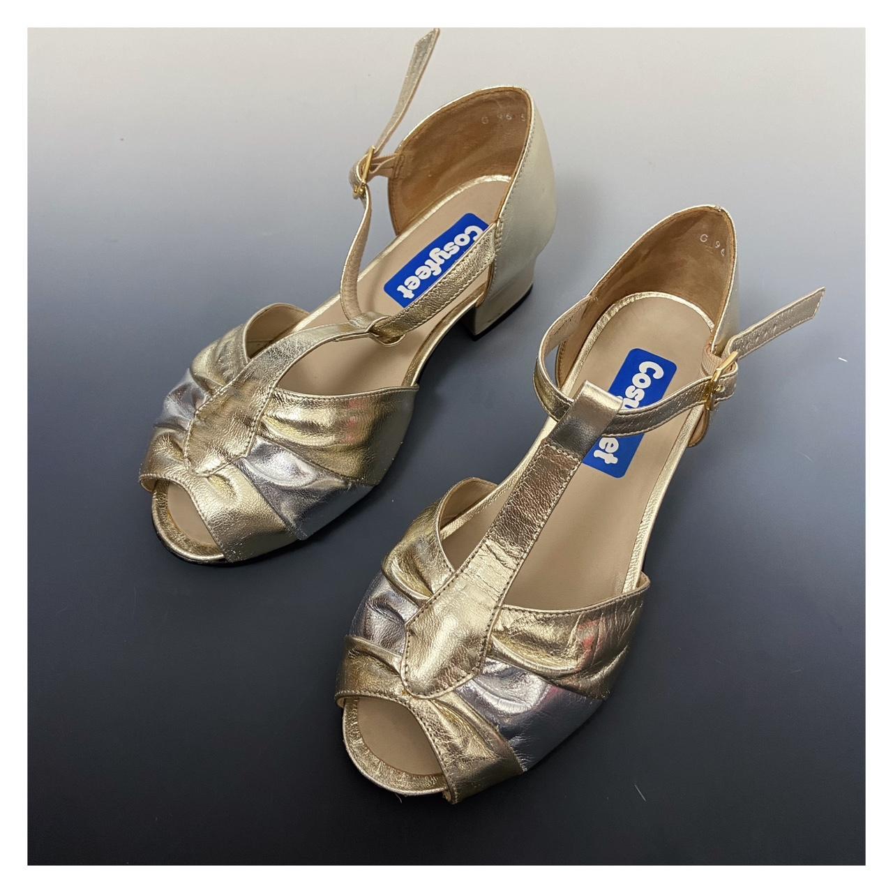 80s vintage golden T-bar shoes perfect for a dance... - Depop