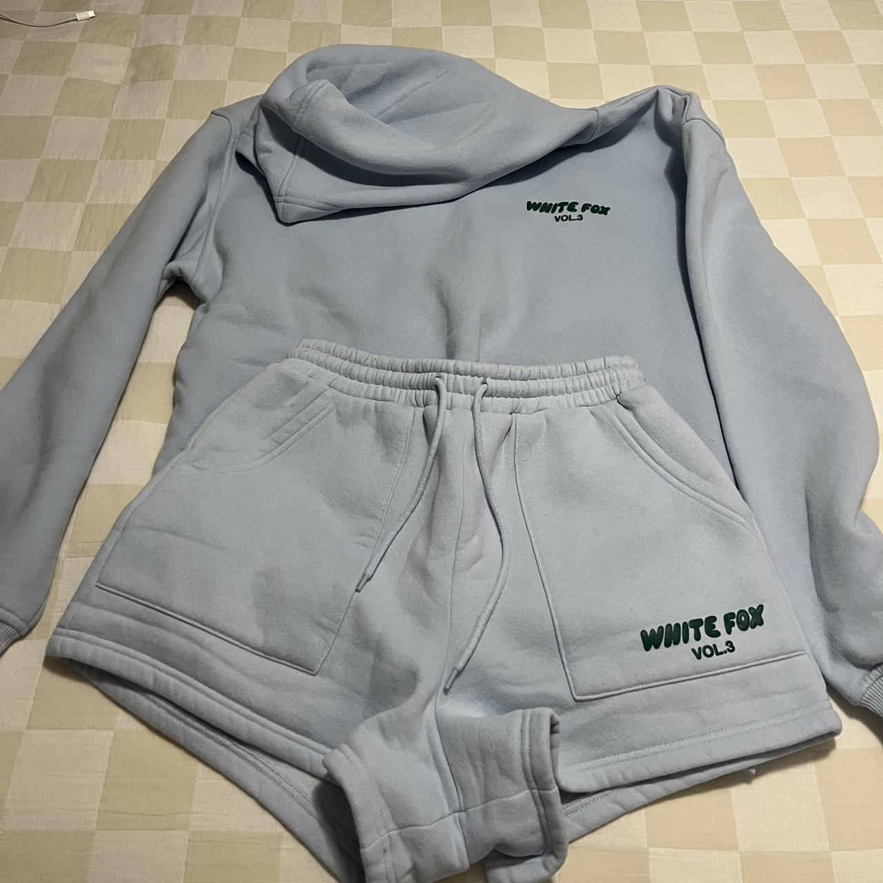 White fox hoodie and sweat short set baby blue... - Depop