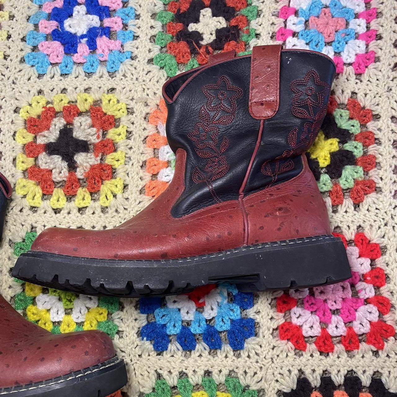 Sick red and black roper cowgirl boots with floral... - Depop