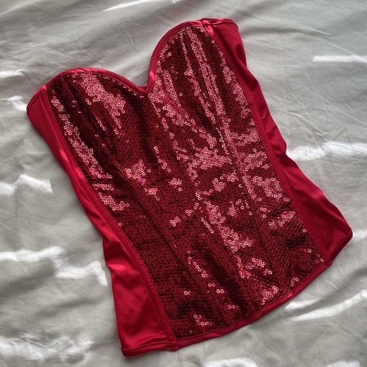 red sequin corset Red satin and sequined bustier... - Depop