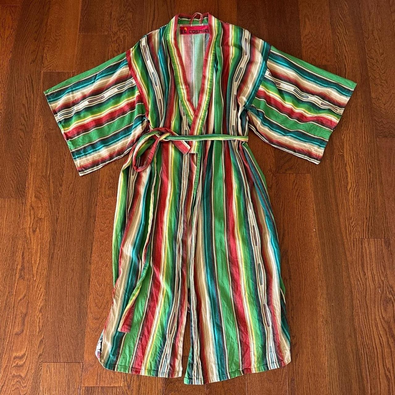 El Cosmico Robe Green and Red Serape Stripe Lounge... | Depop