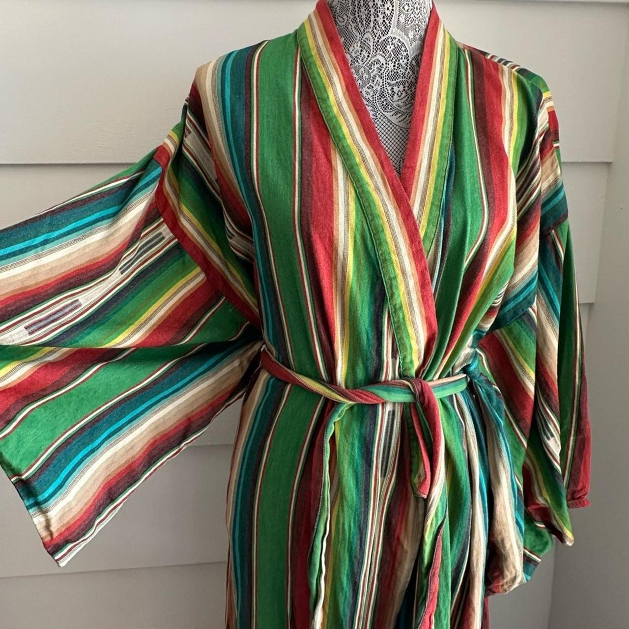 El Cosmico Robe Green and Red Serape Stripe Lounge... | Depop