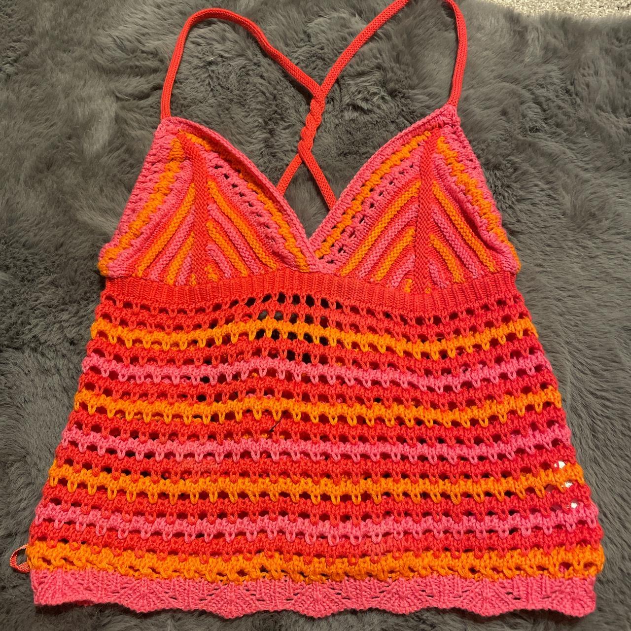 Pink and orange Primark Yk2 style knit crop top... - Depop