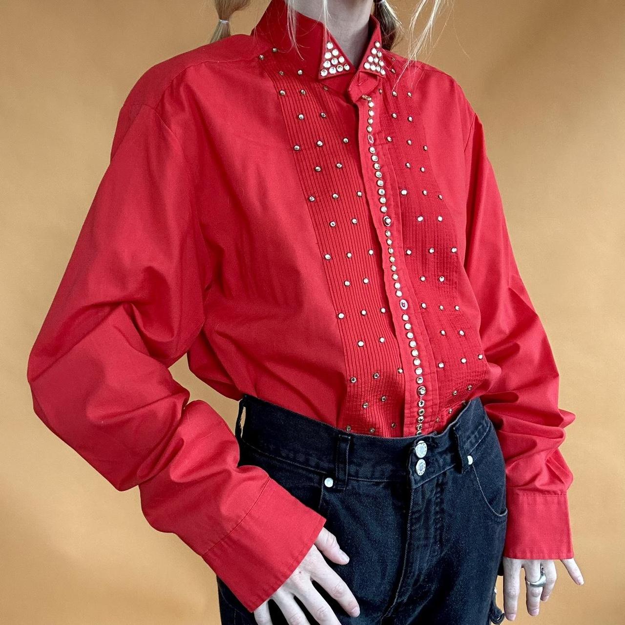 Bedazzled red vintage shirt. Broadway Tuxmakers... - Depop