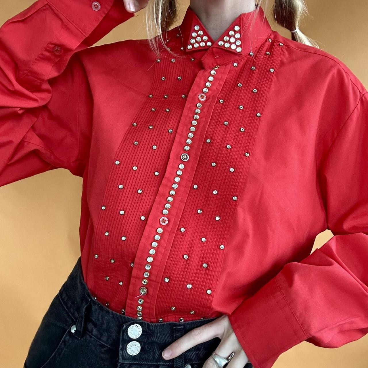 Bedazzled red vintage shirt. Broadway Tuxmakers... - Depop