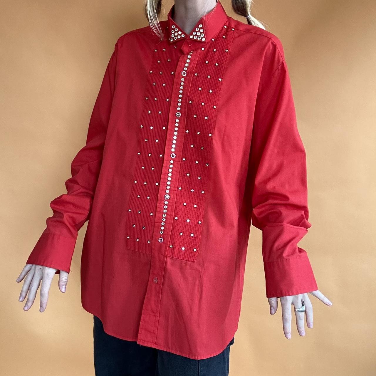 Bedazzled red vintage shirt. Broadway Tuxmakers... - Depop