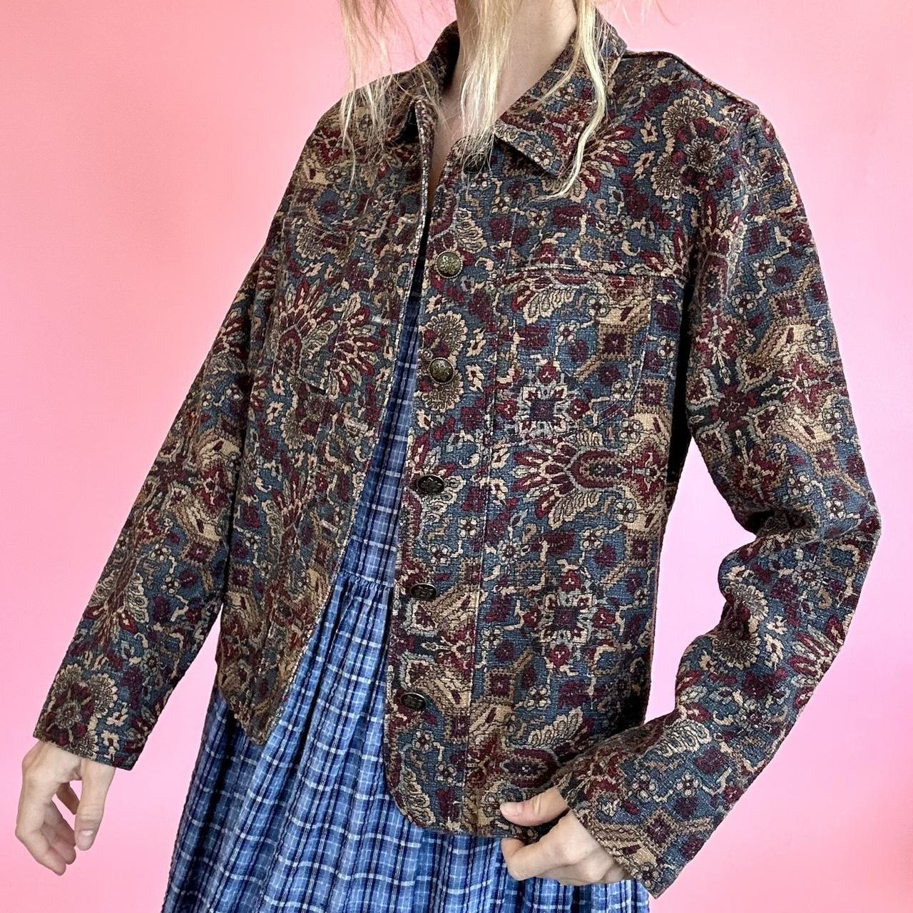 Beautiful vintage tapestry jacket. Buttons down the... - Depop