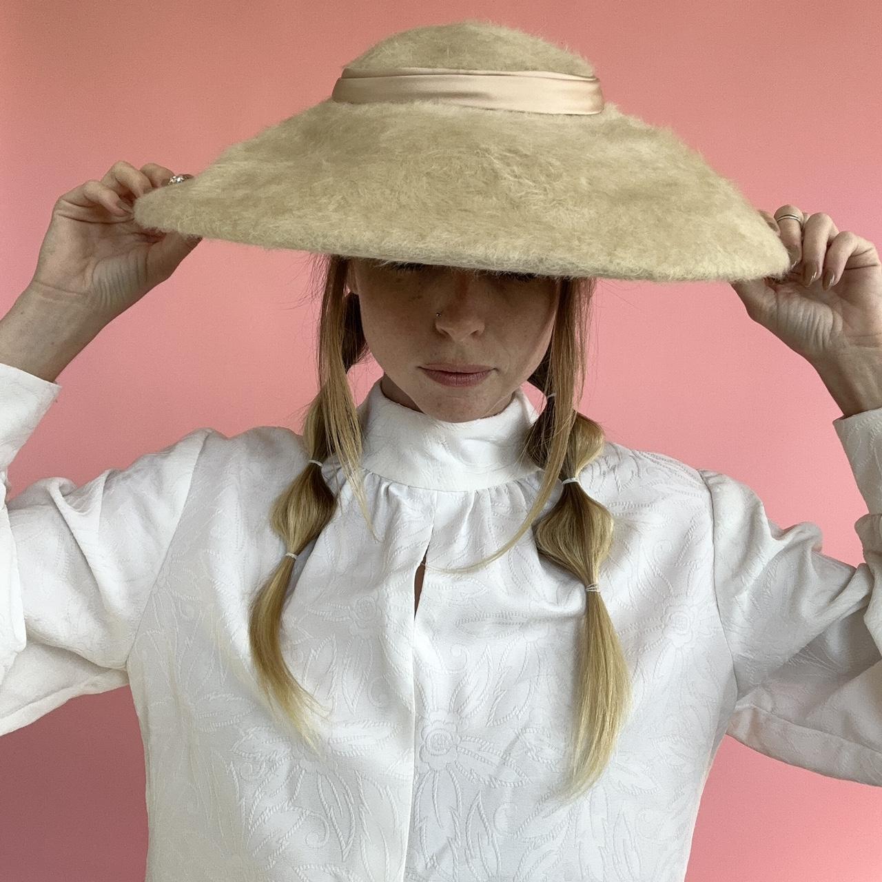 Beautiful vintage wide brim fuzzy cream hat with... | Depop