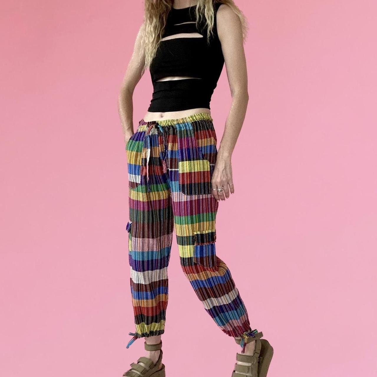 Coolest vintage boho pants. Rainbow block pattern,... - Depop