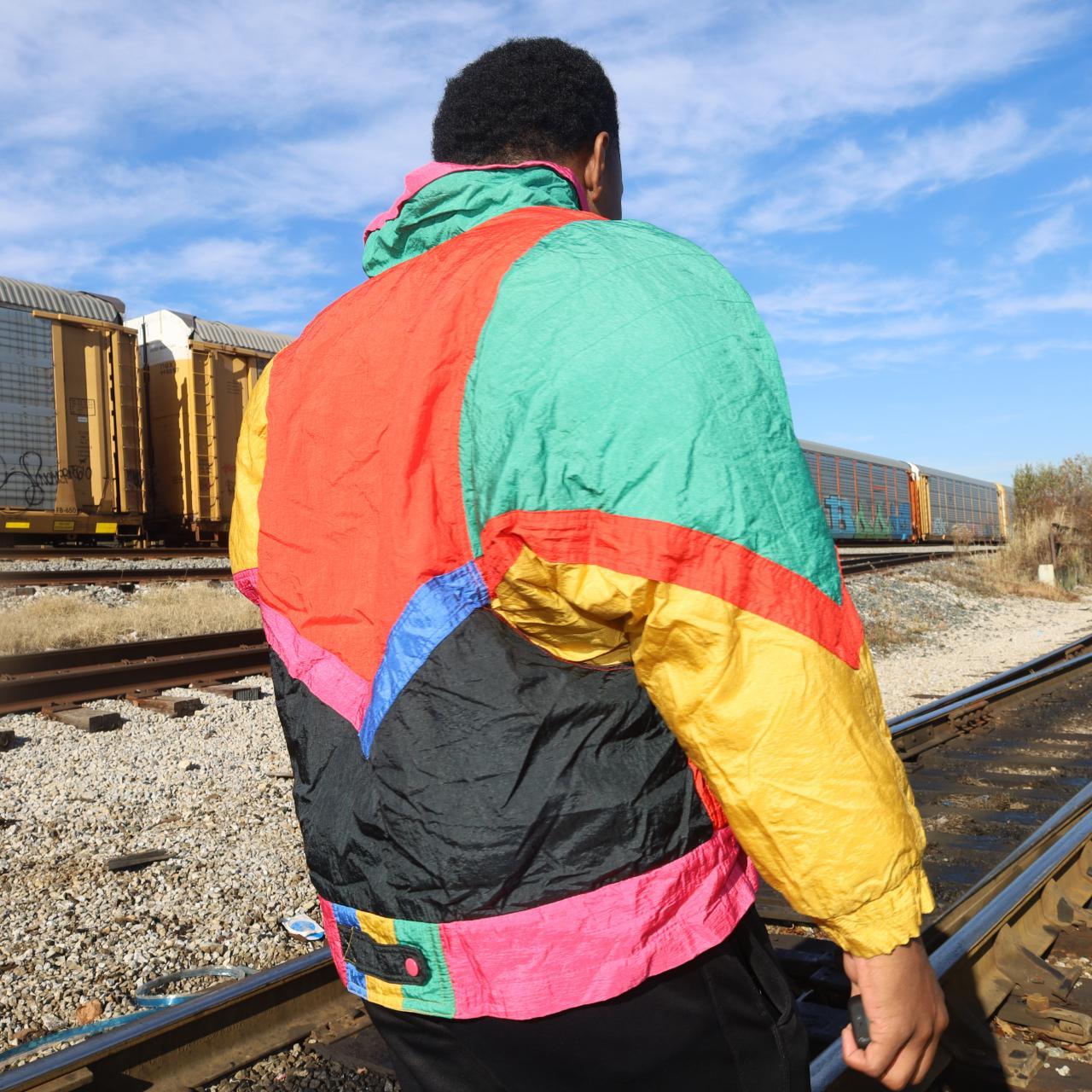 vintage multicolor puffer jacket 90s fashion -... | Depop