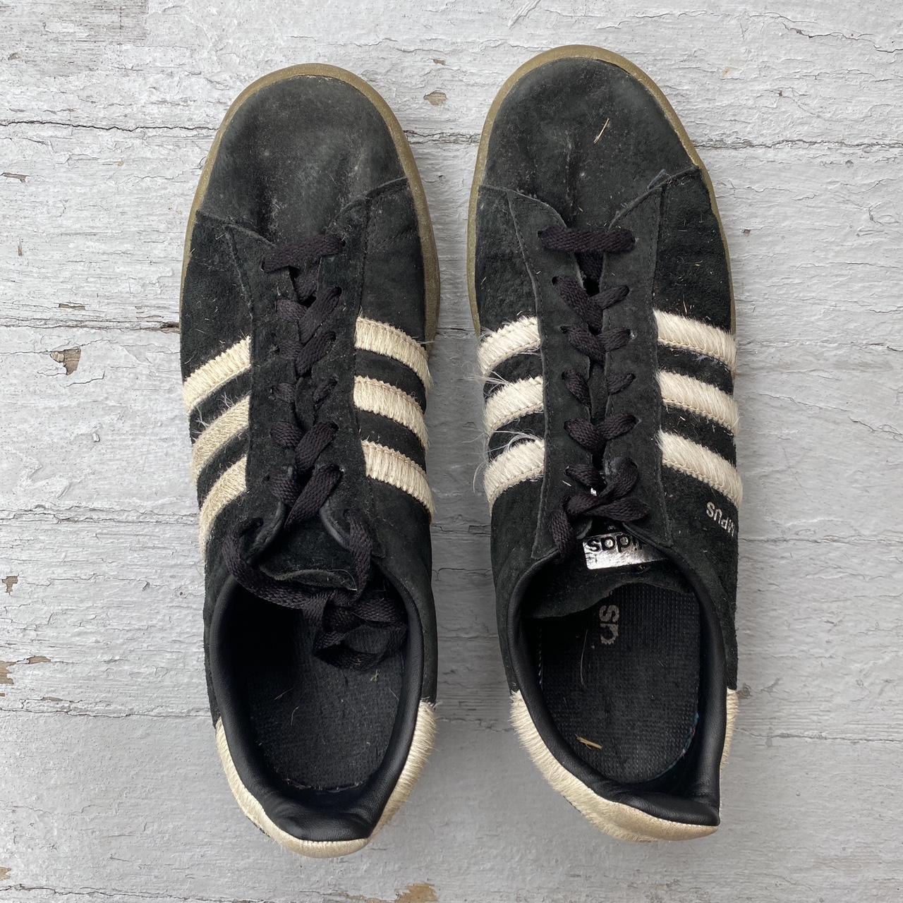 Black and Ivory Adidas Campus trainers with a fuzzy... - Depop