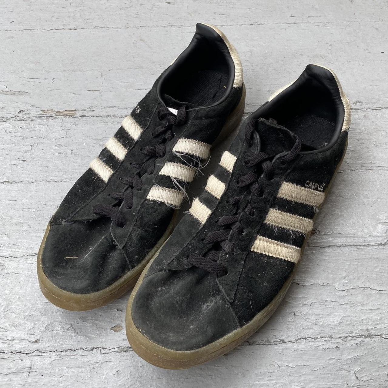 Black and Ivory Adidas Campus trainers with a fuzzy... - Depop