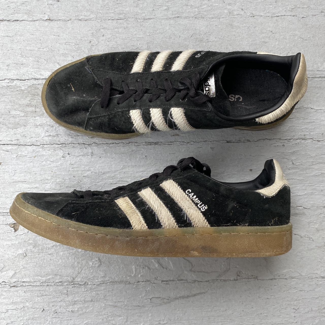 Black and Ivory Adidas Campus trainers with a fuzzy... - Depop