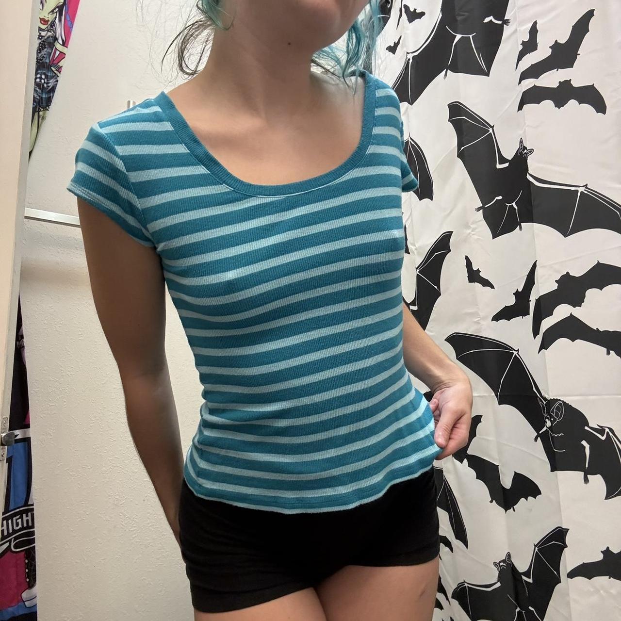 2000s derek heart blue striped shirt, stretchy... - Depop