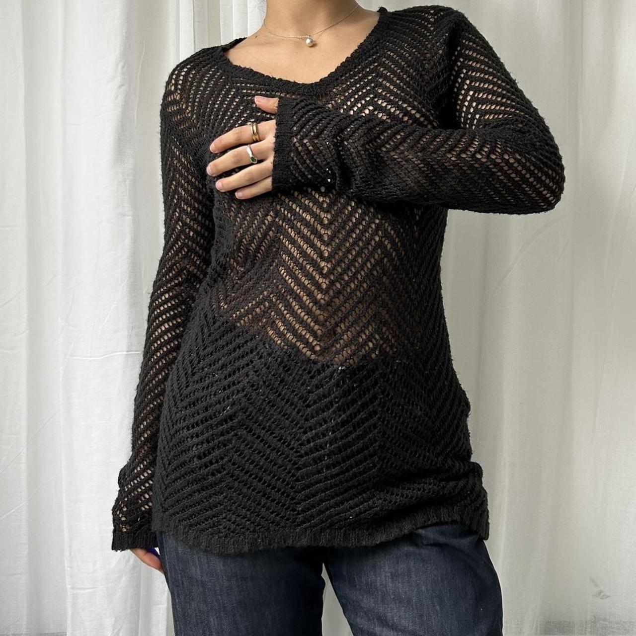 Vintage 90s Black Knit Mesh Long Sleeve Jumper •Large - Depop