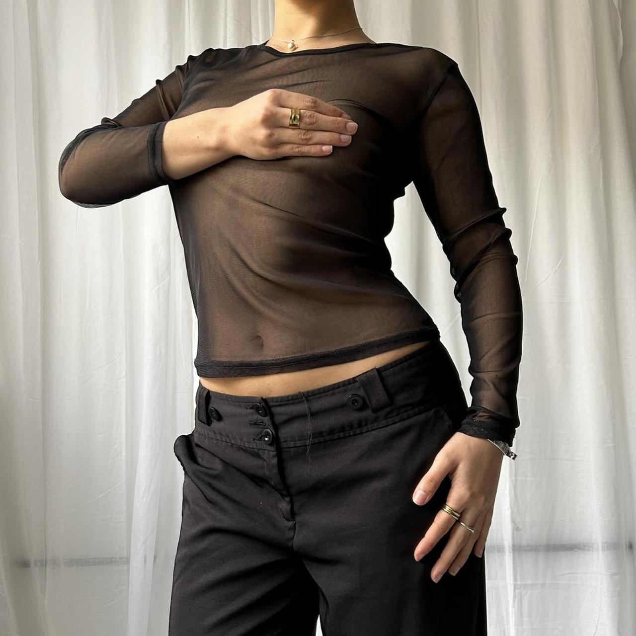 Vintage 90s Minimalist Micro Mesh Sheer Long Sleeve... - Depop