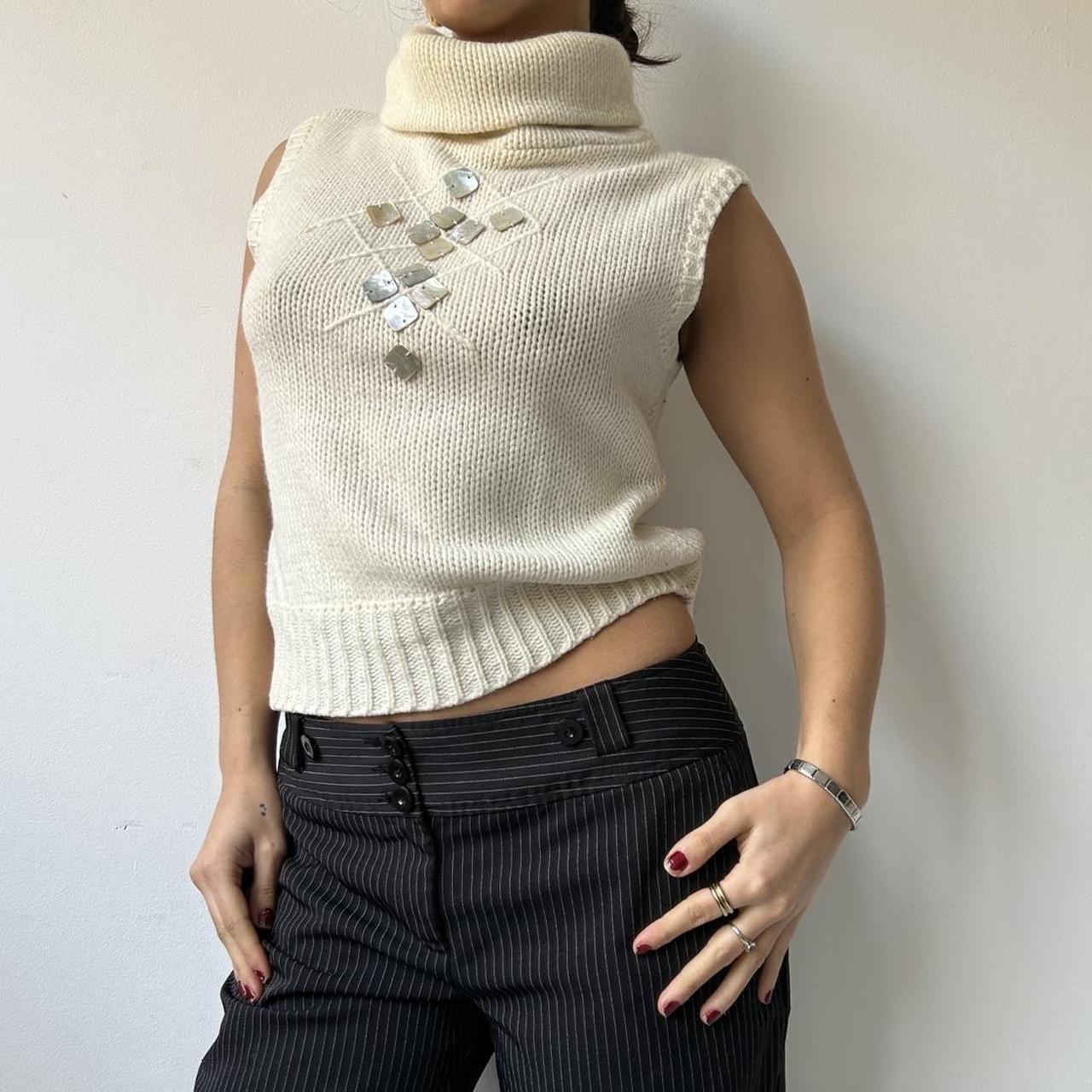 Vintage 90s Cream Knitted Knit Roll Neck Top Vest... - Depop