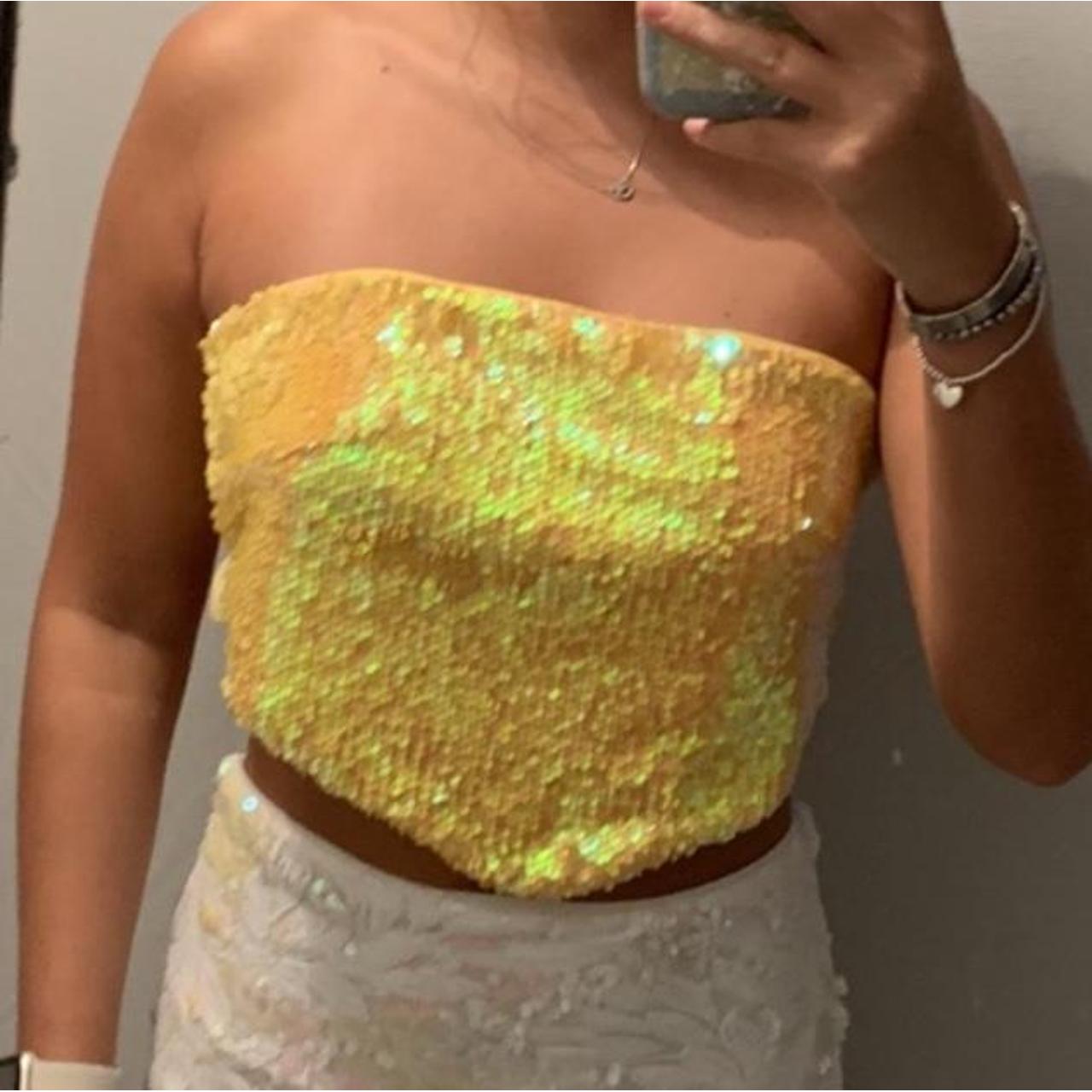 In the style yellow sequin top tie back Size 8 - Depop