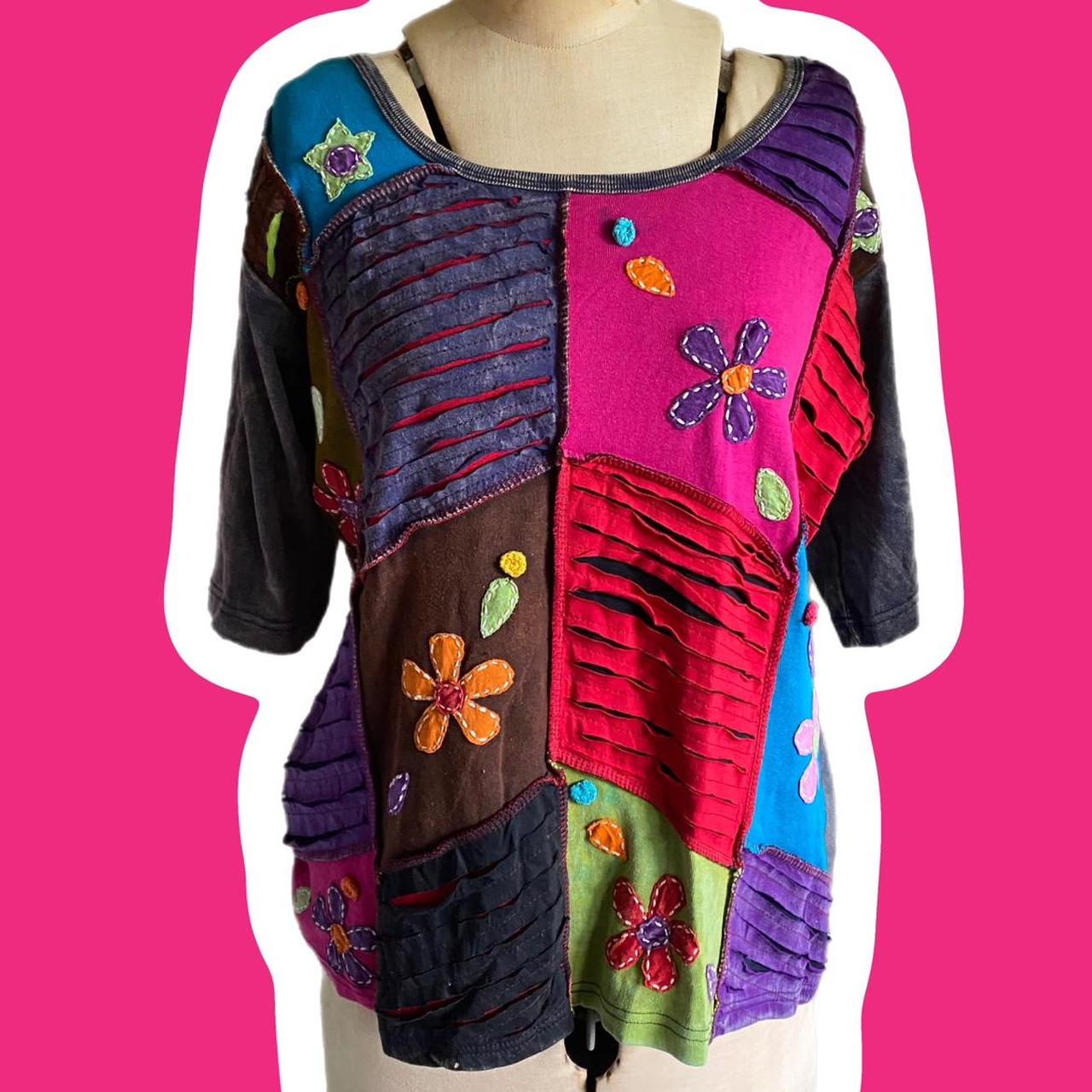 90’s patchwork hippy tee 🌈. Colourful and bright.... - Depop