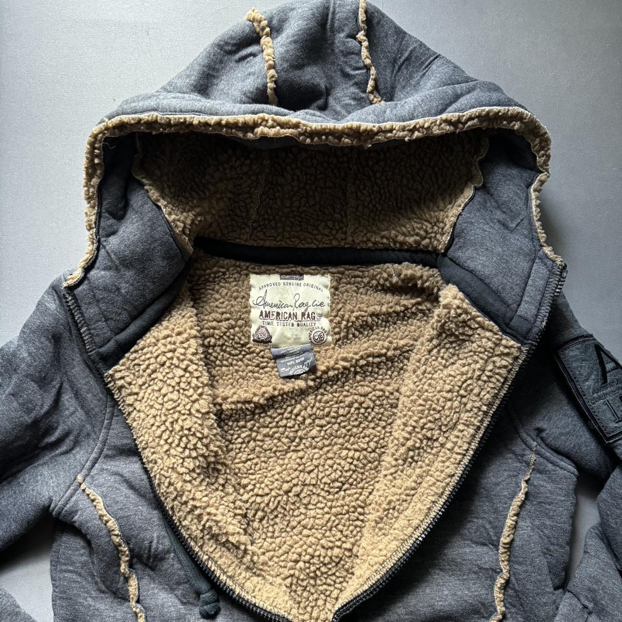 American rag Grey hooded jacket with fur trim and... - Depop