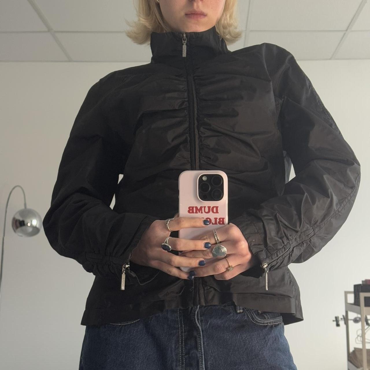 vintage ruched zip up shell jacket black Size L... | Depop