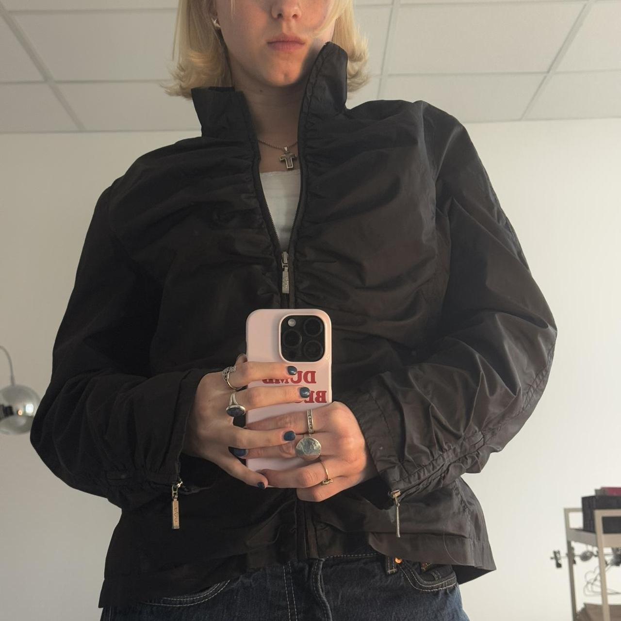 vintage ruched zip up shell jacket black Size L... | Depop
