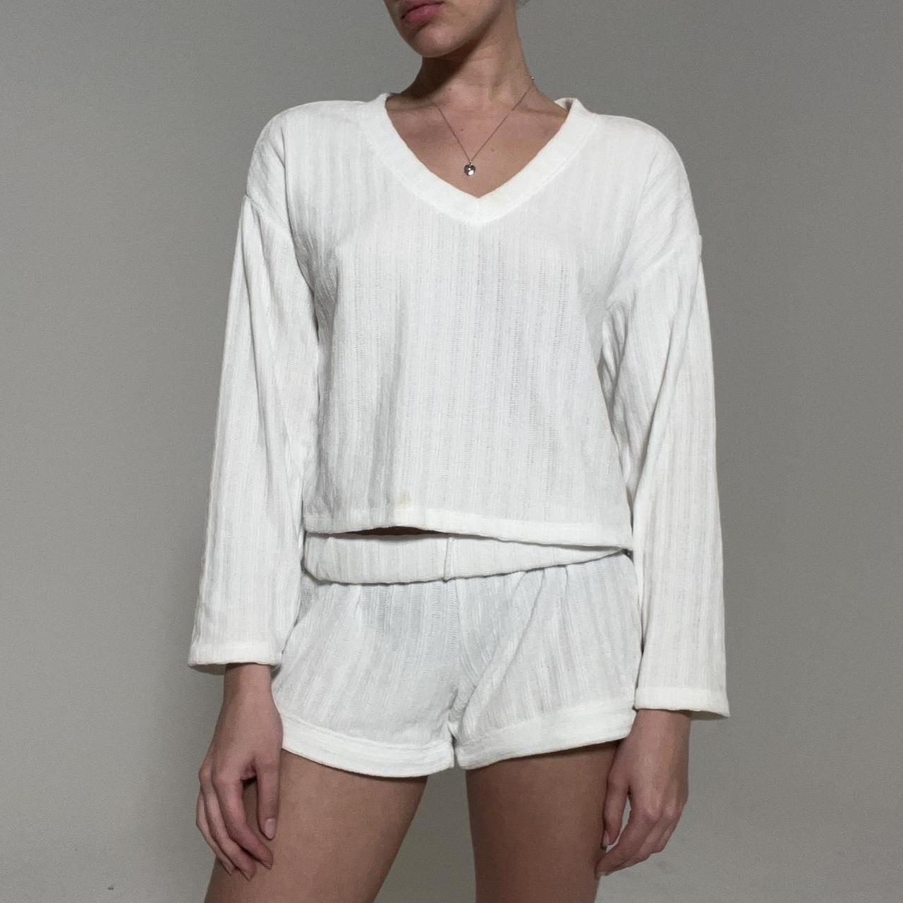 white pajama set super soft shorts are longer so... - Depop
