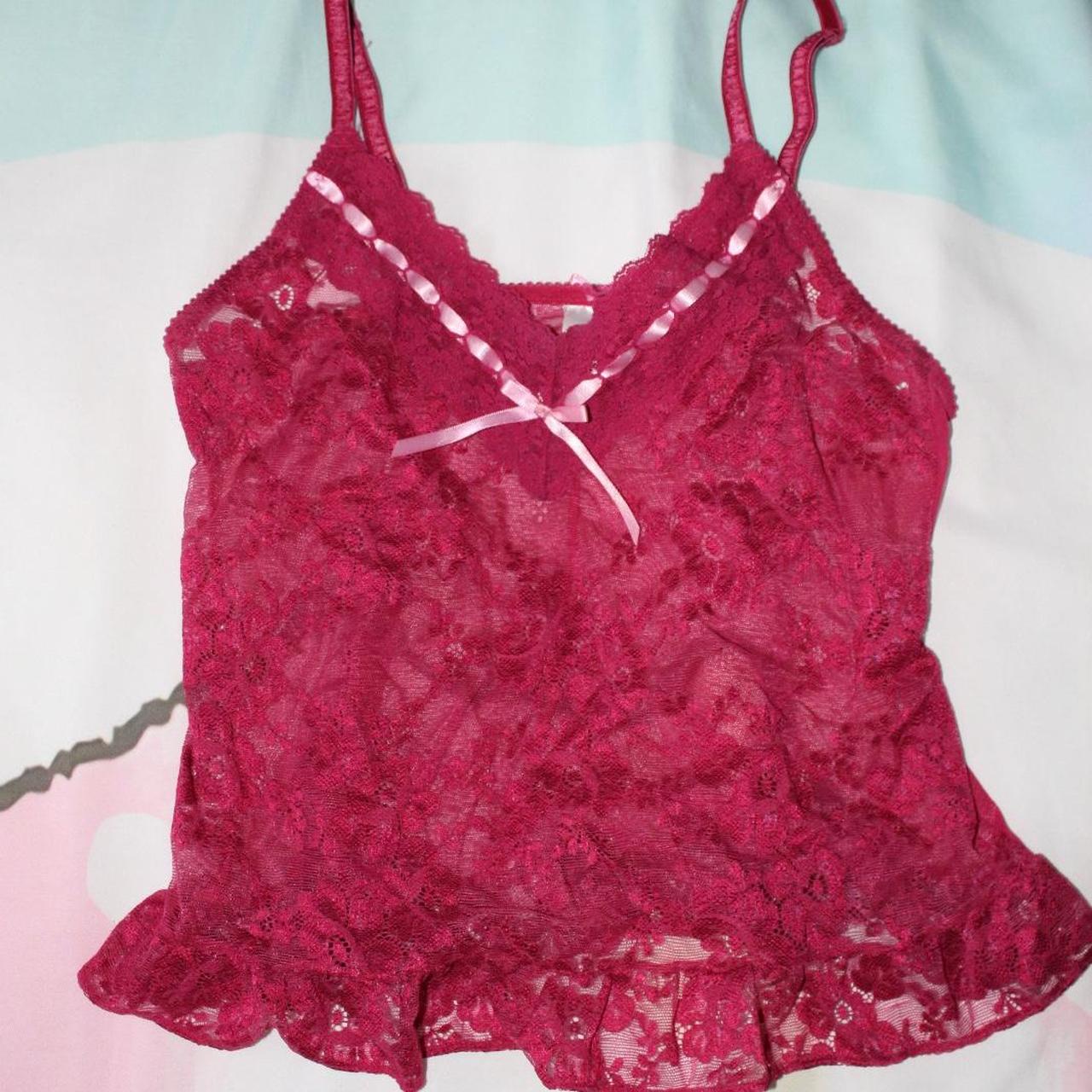 CUTE CAMI-TOP 🎀 burgundy lace with pink ribbon... - Depop