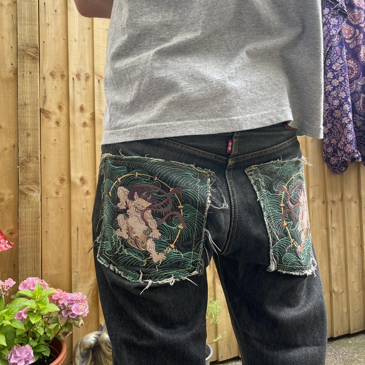 Red monkey company embroidered jeans. One of a kind,... - Depop