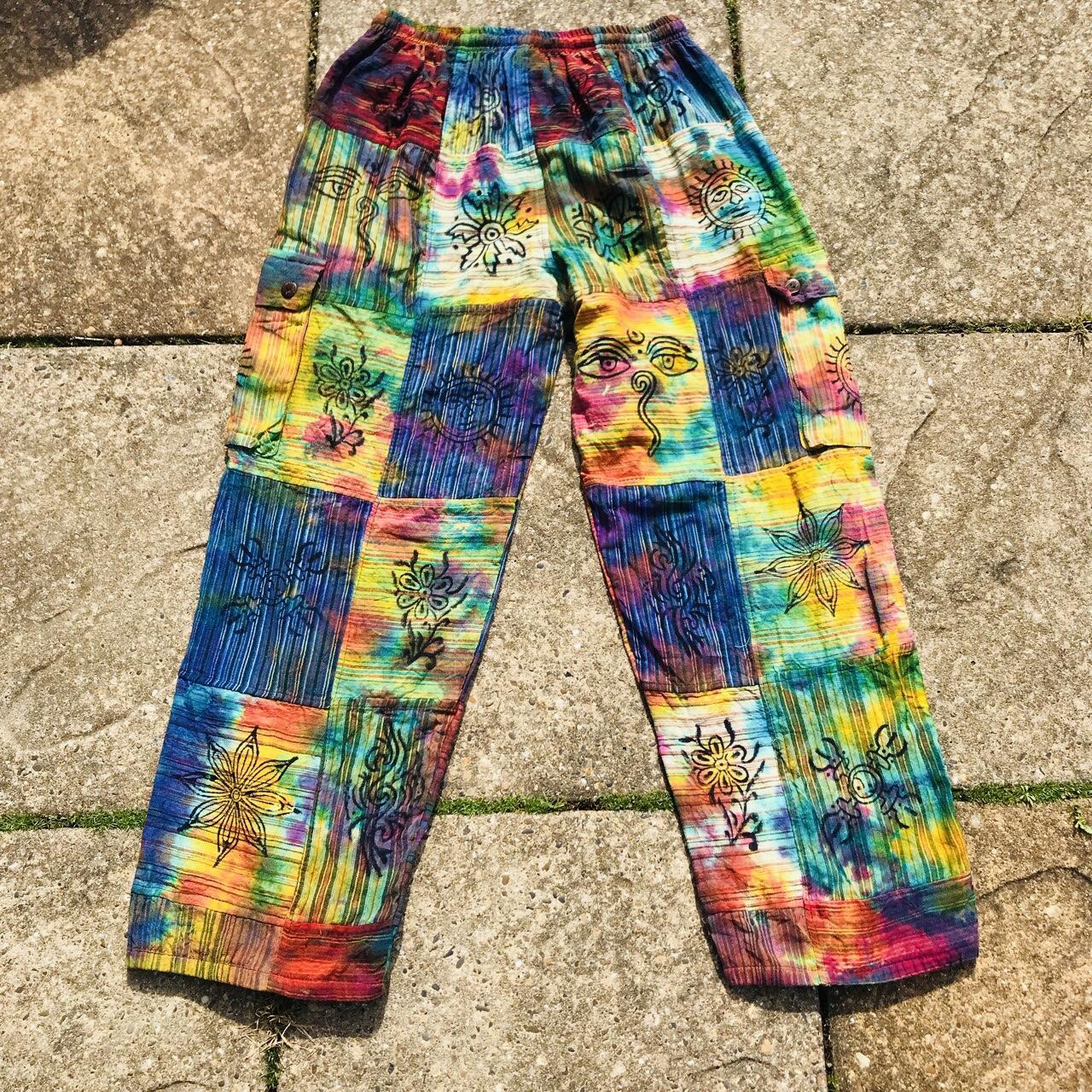 Nepalese Cotton Patchwork Straight Leg Pants Elastic... - Depop