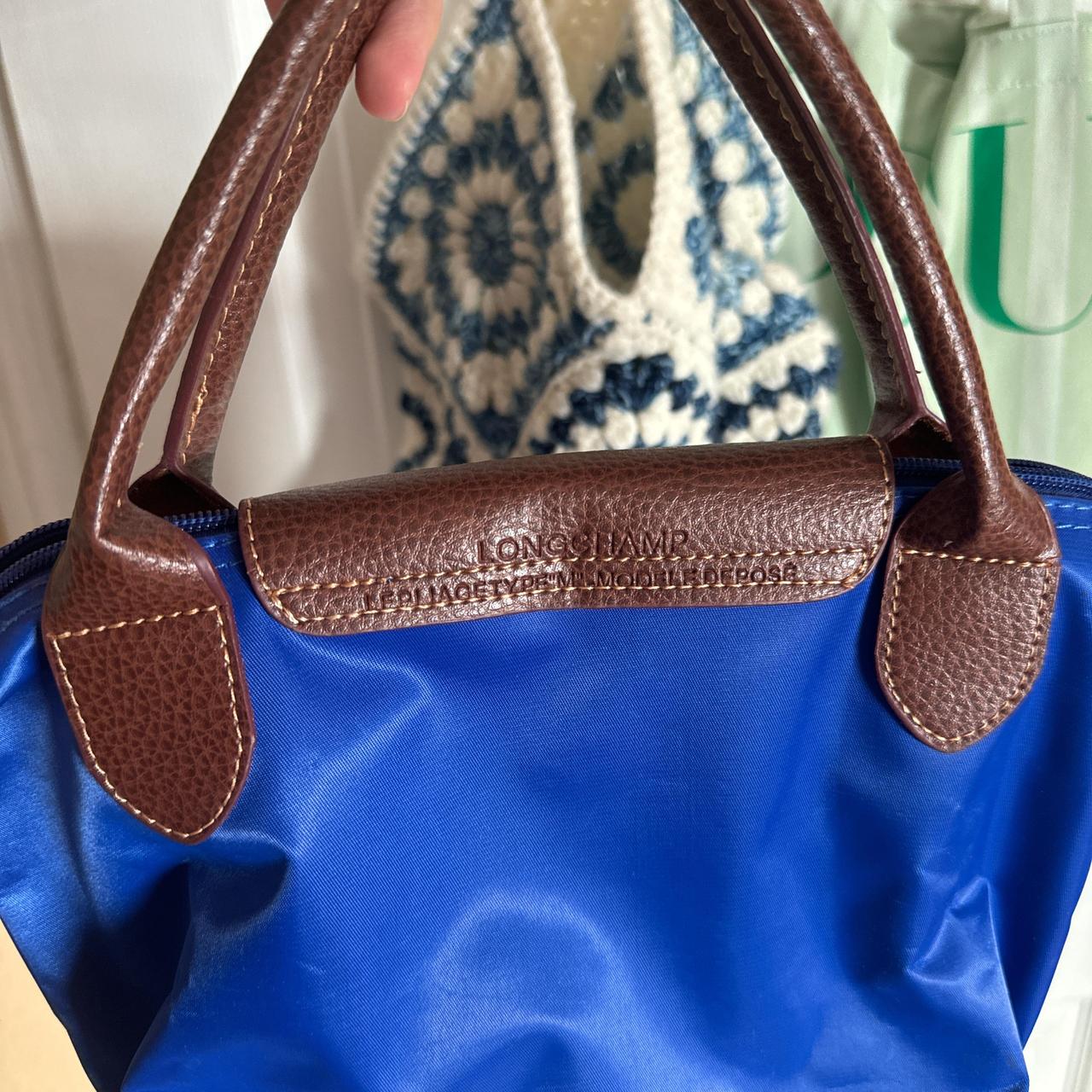 Blue and Brown Longchamp Mini Le Pliage tote Top... - Depop