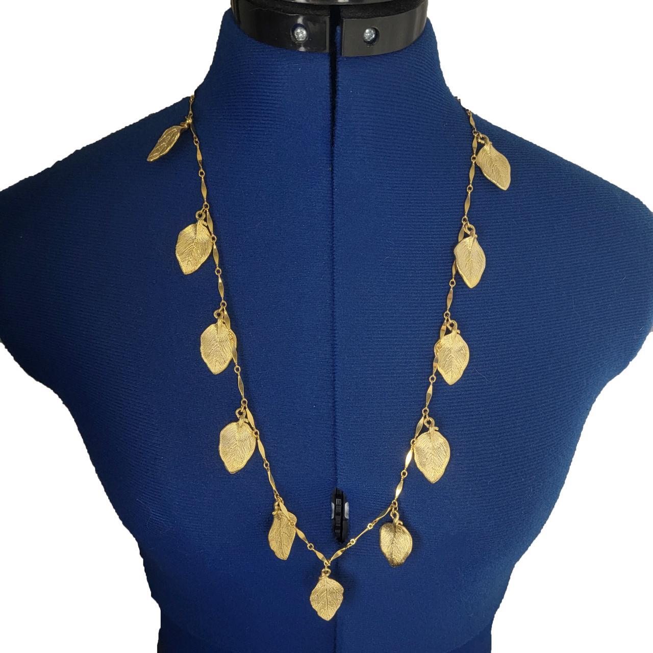 Vintage Textured Gold Tone Leaf Long Necklace -... - Depop