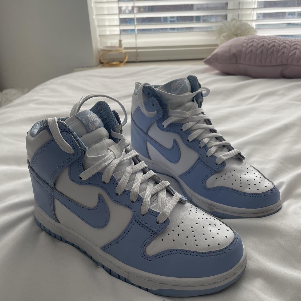 Blue Nike high top dunks Worn twice Size 4 - Depop