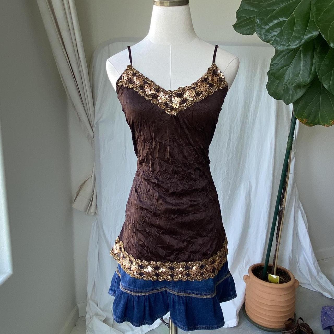 Y2K Brown and gold sequin crunkle tank with... - Depop