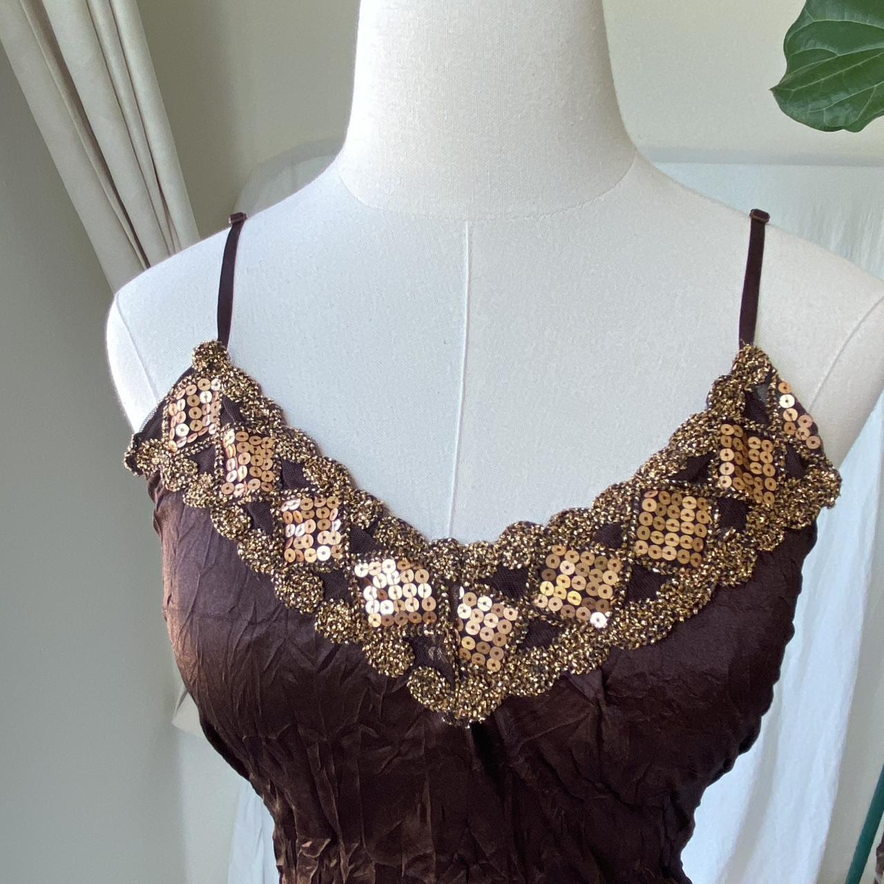 Y2K Brown and gold sequin crunkle tank with... - Depop
