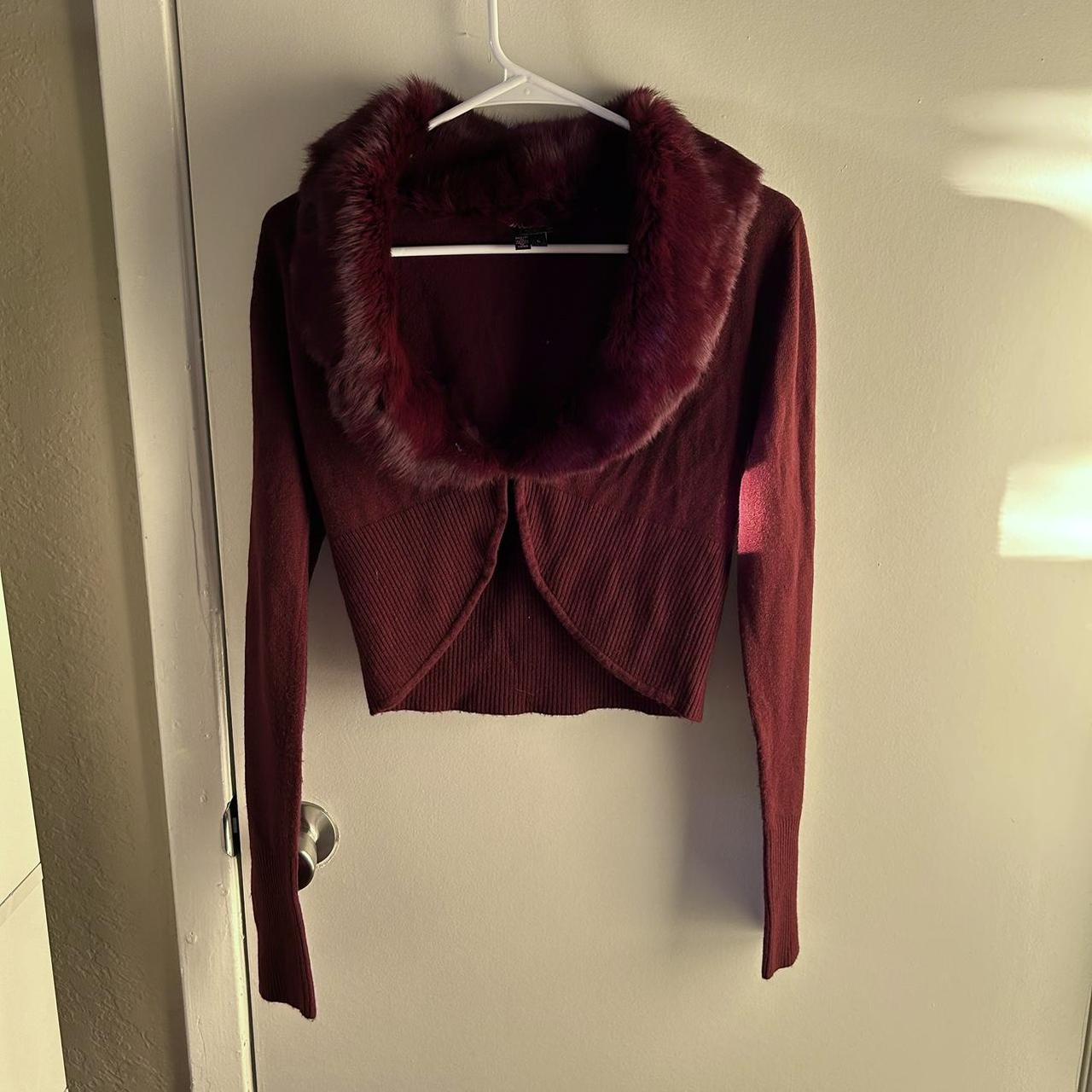 burgundy red fur lined cardigan 💋 size large, tight... - Depop