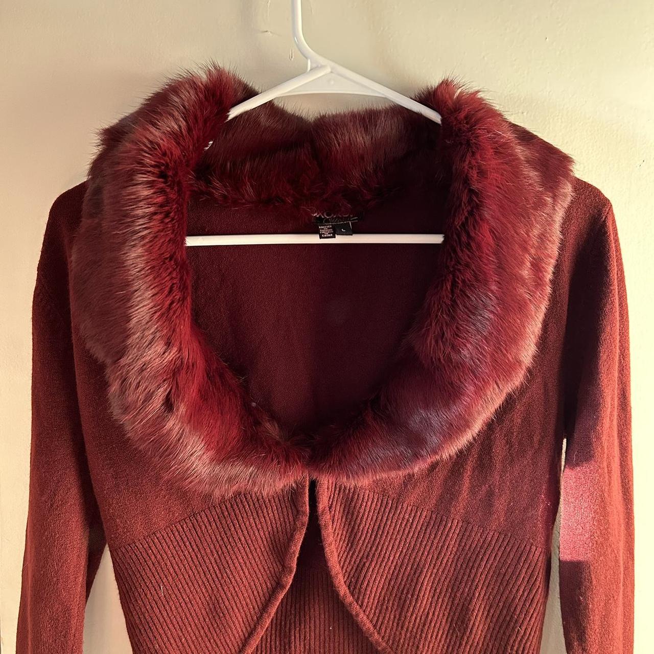 burgundy red fur lined cardigan 💋 size large, tight... - Depop