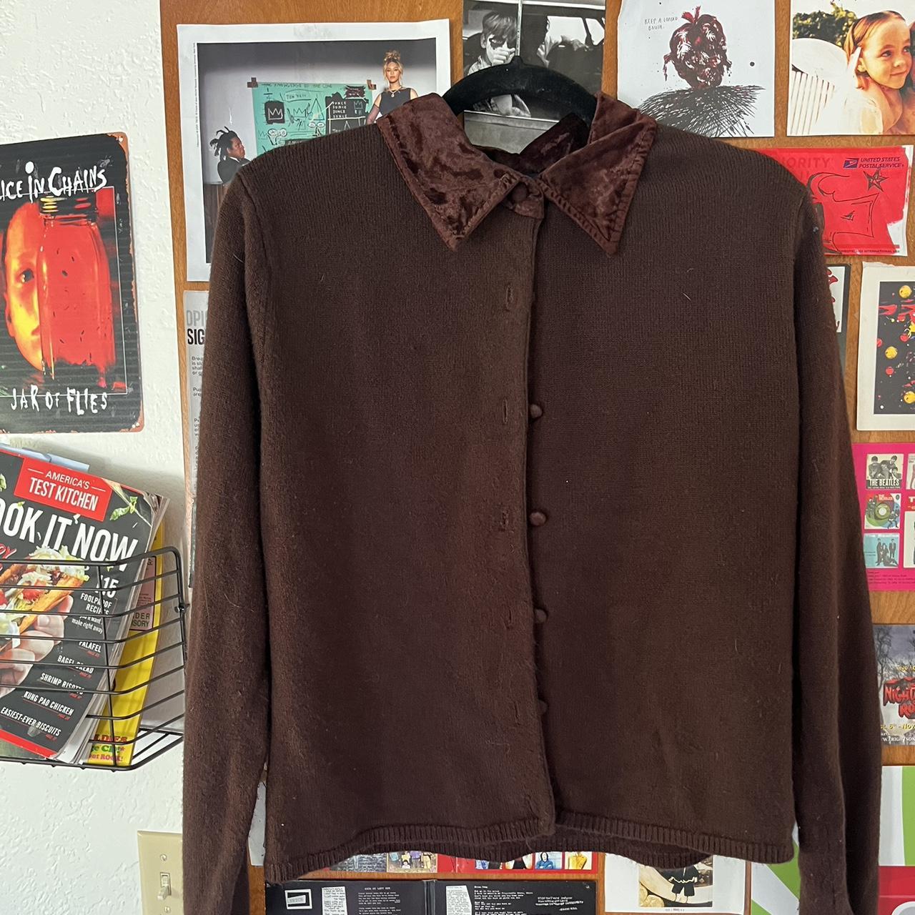 brown button up sweater with a velvet collar Womens... - Depop