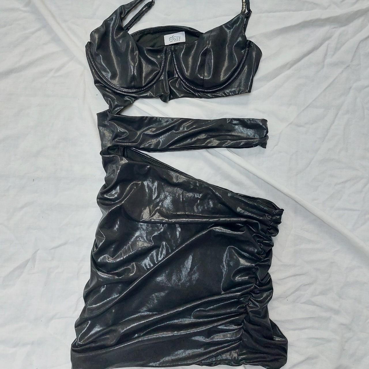 Oh polly black slinky shiny wet look dress material... - Depop